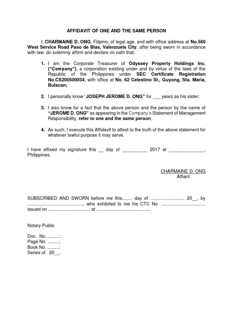 Affidavit of One and The Same Person | Download Free PDF | Affidavit ...