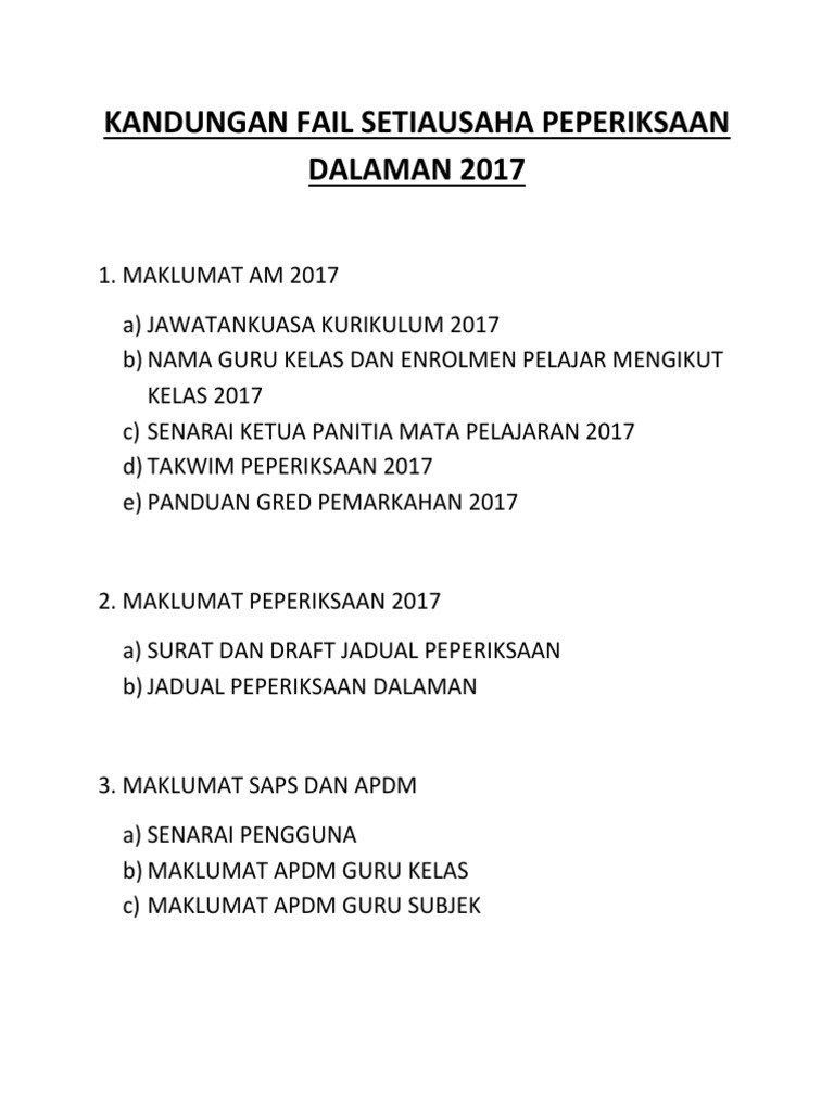 Kandungan Fail Setiausaha Peperiksaan Dalaman | PDF