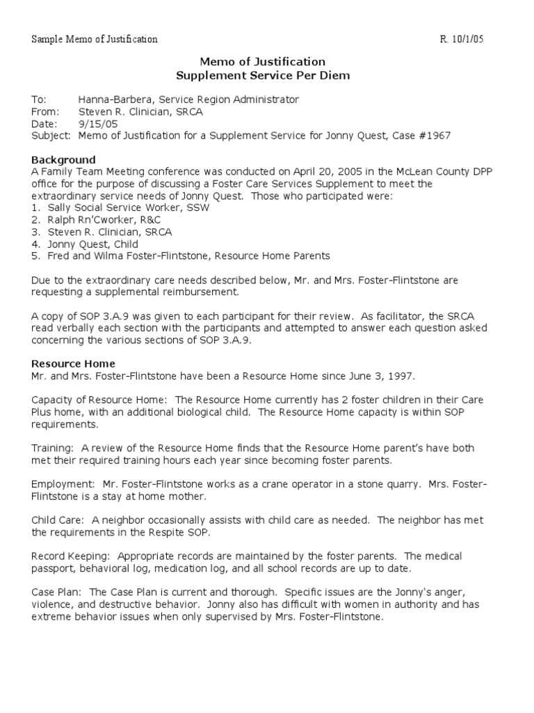 Memo of Justification Supplement Service Per Diem (Sample) | PDF | Foster Care | Violence