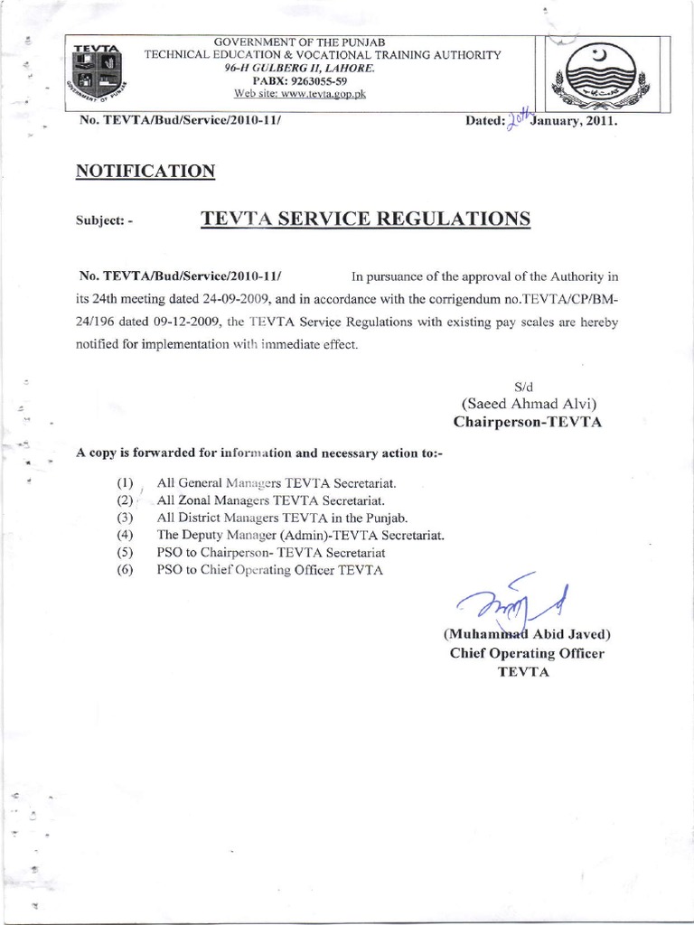 TEVTA Service Regulations 2010 11 | PDF