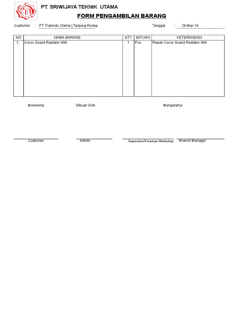 Form Pengambilan Barang PT Trakindo | PDF