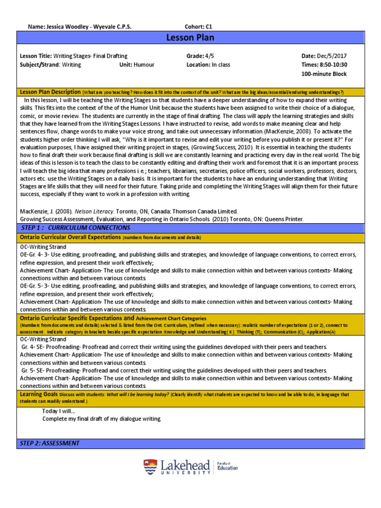 Lesson Plan: Step 1: Curriculum Connections | PDF | Educational ...