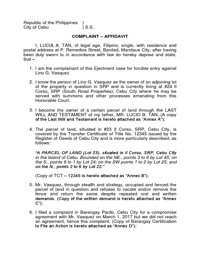 Complaint Affidavit for Forcible Entry and Ejectment of Lino G. Vasquez from Property Owned by ...