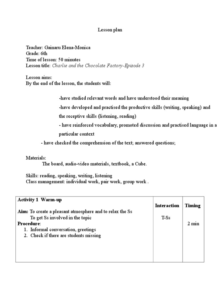 Lesson Plan-Charlie and The Chocolate Factory | PDF | Lesson Plan ...