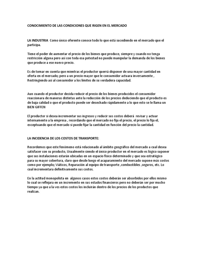 Conocimiento de Las Condiciones Que Rigen en El Mercado | PDF ...