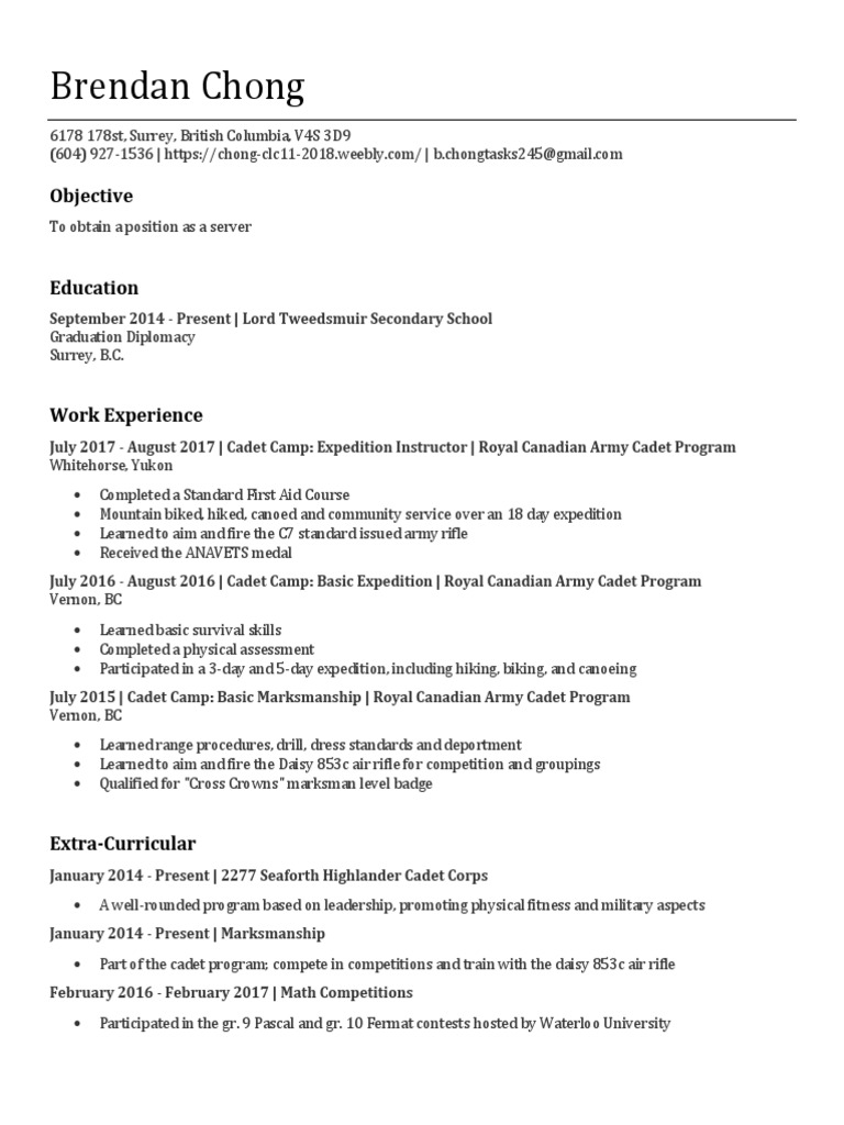 Brendan Chong - CLC 11 Resume | PDF | Marksman | Cadet