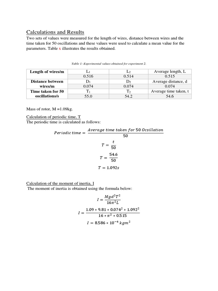 Calculations and Results: Length of Wires/m Distance Between Wires/m ...