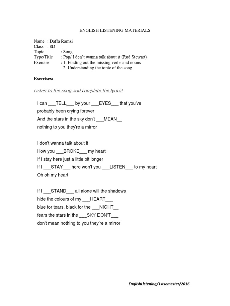 Exercises:: Listen To The Song and Complete The Lyrics! | PDF