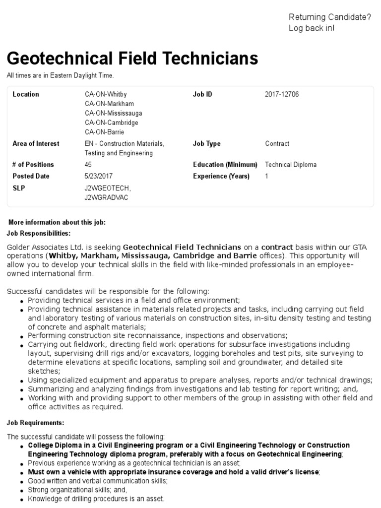 Careers Center - Geotechnical Field Technicians | PDF | Geotechnical ...