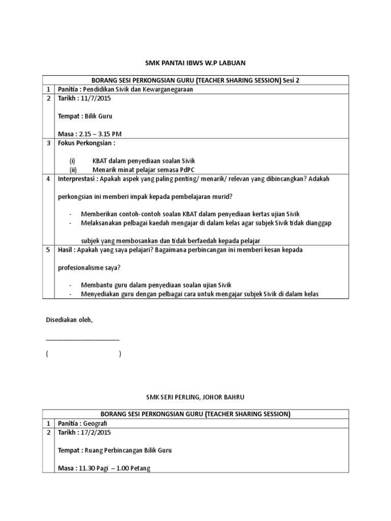 Laporan PLC 1 Dan 2 Teacher Sharing Session | PDF