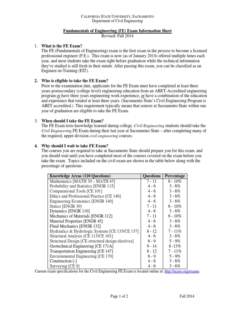 FE Exam Info Sheet PDF | PDF | Test (Assessment) | Engineering