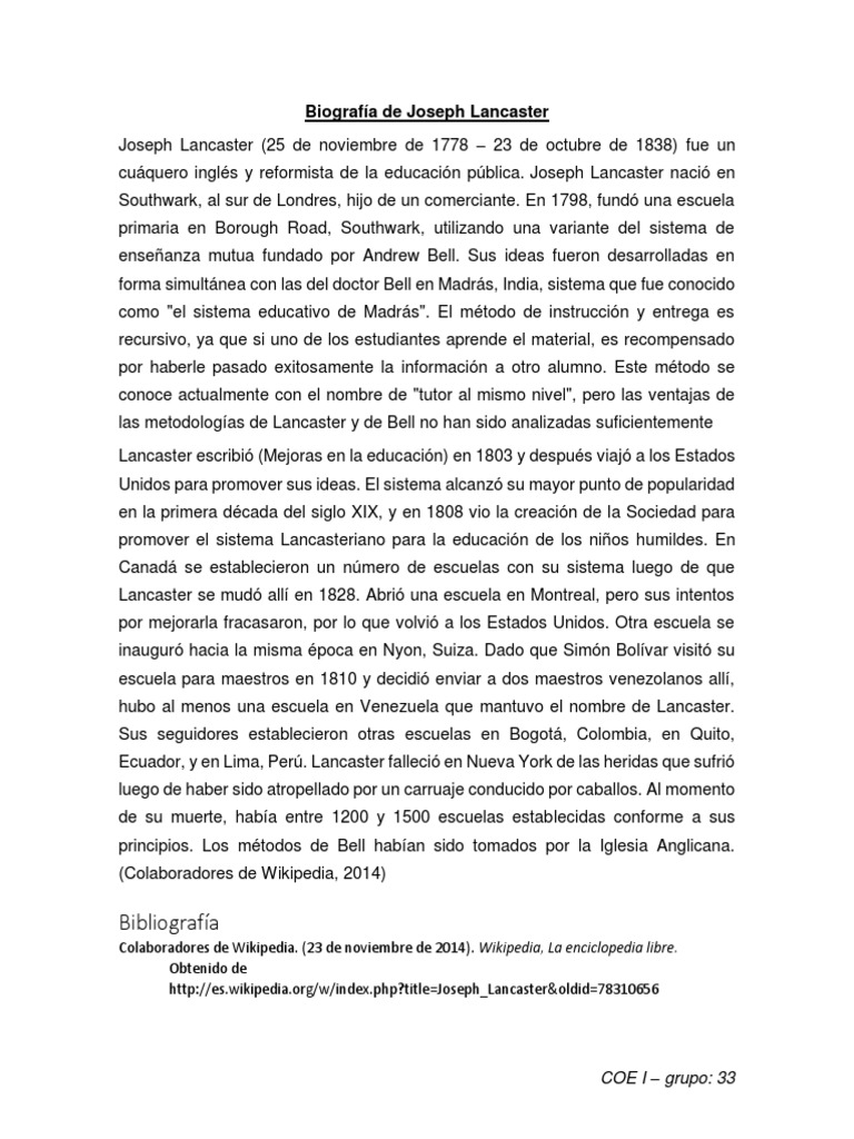 Biografía de Joseph Lancaster