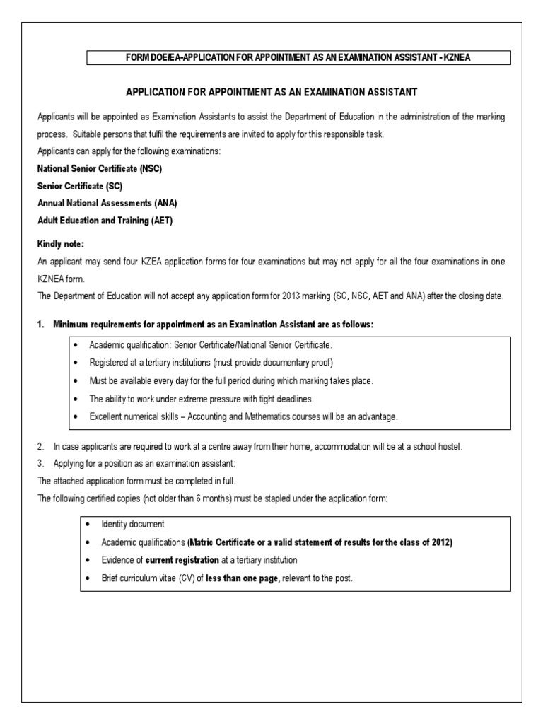 Application Form: KZN DoE Temp Exam Assistants | PDF | Test (Assessment ...