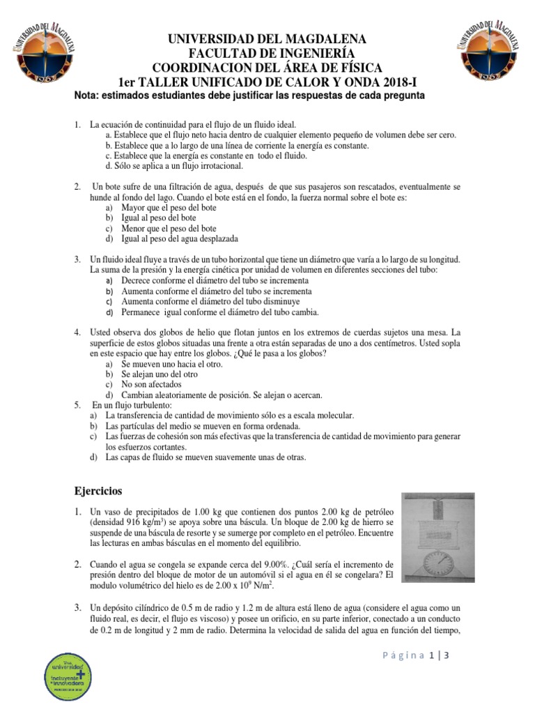 Primer Taller Unificado 2018-I Calor y Onda | PDF | Líquidos | Agua