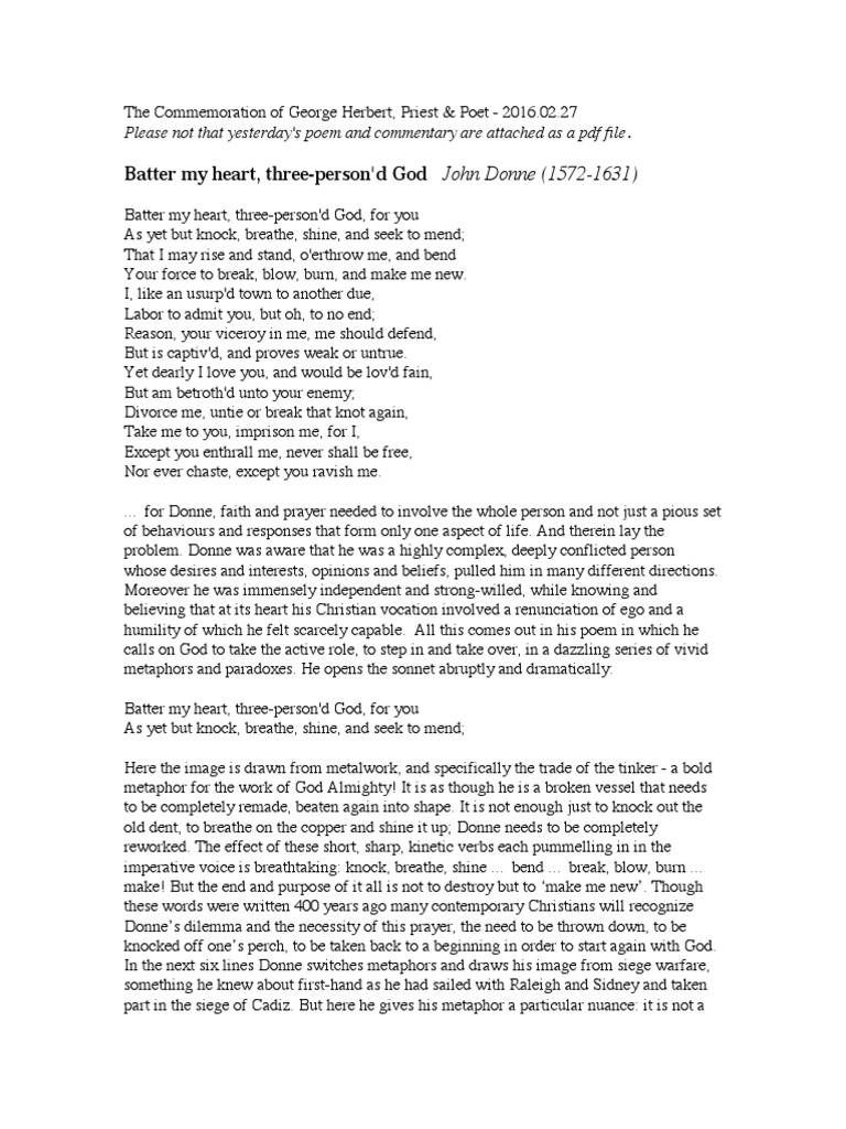 Batter My Heart, Three-Person'd God John Donne (1572-1631) | PDF | Love
