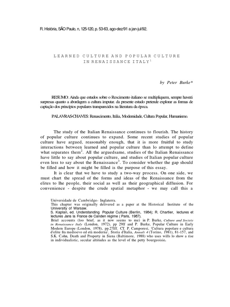 Burke - Learned Culture and Popular Culture in Renaissance Italy | PDF ...