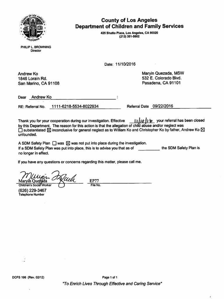 Chris Ko and William Ko DCFS Letters issued Nov2016