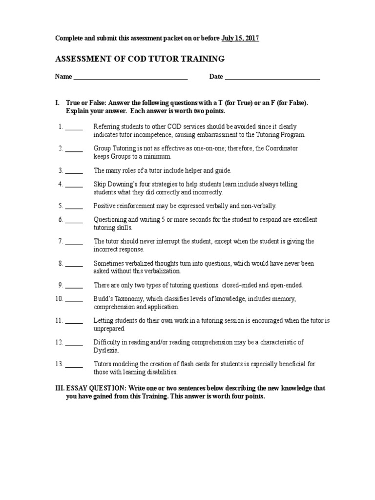 Self-Paced Assessment of Peer Tutor Training | PDF | Reading ...