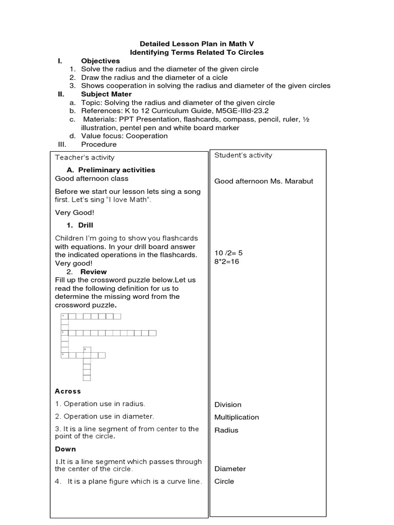 Detailed Lesson Plan in Math V | PDF | Circle | Diameter