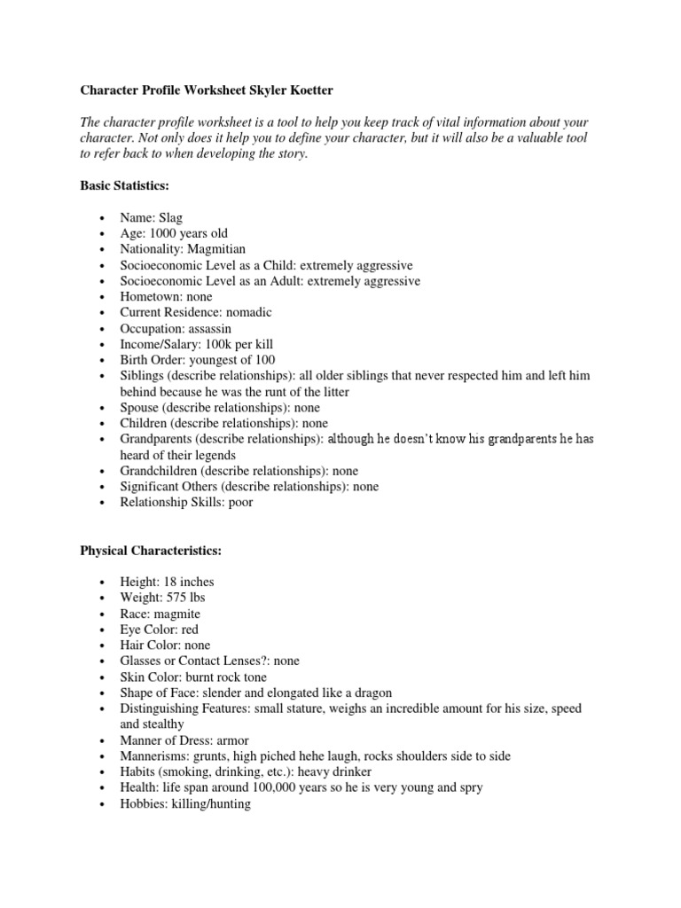 Character Profile Worksheet 1 | PDF | Anger | Hero