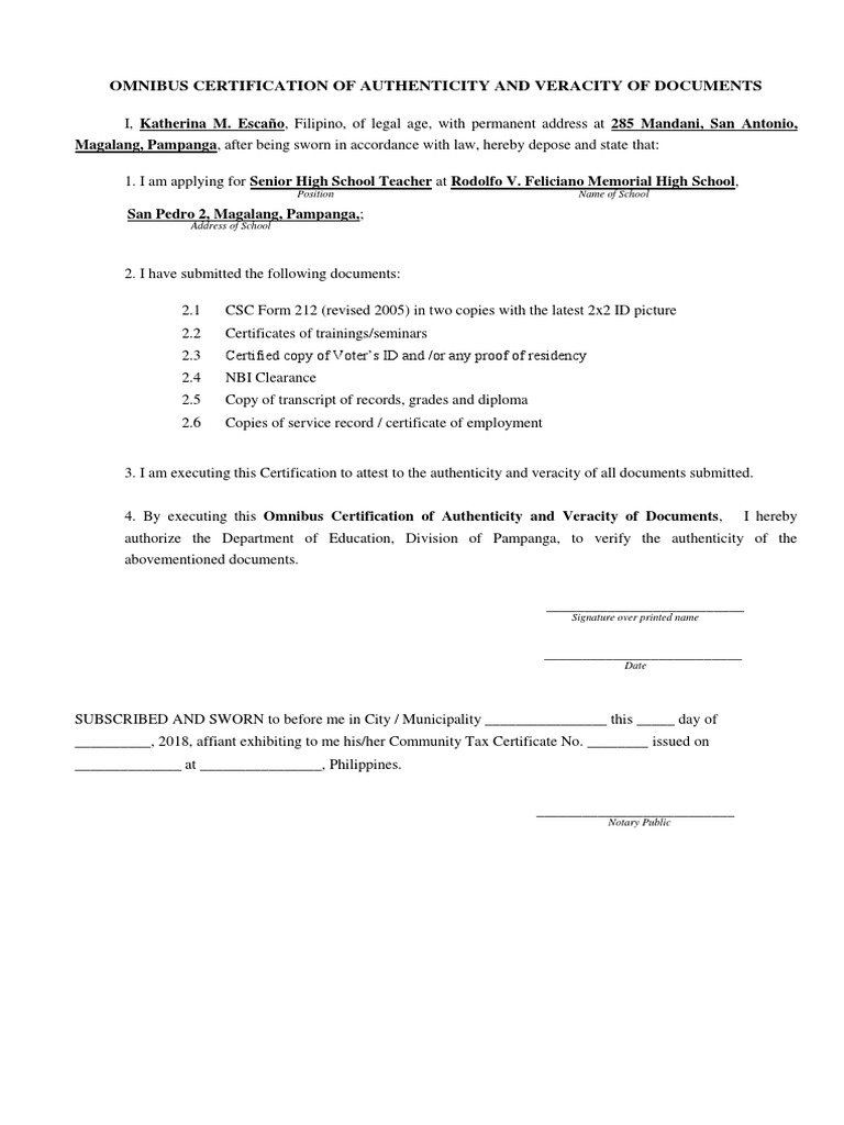 Omnibus Certification of Authenticity and Veracity of Documents | PDF