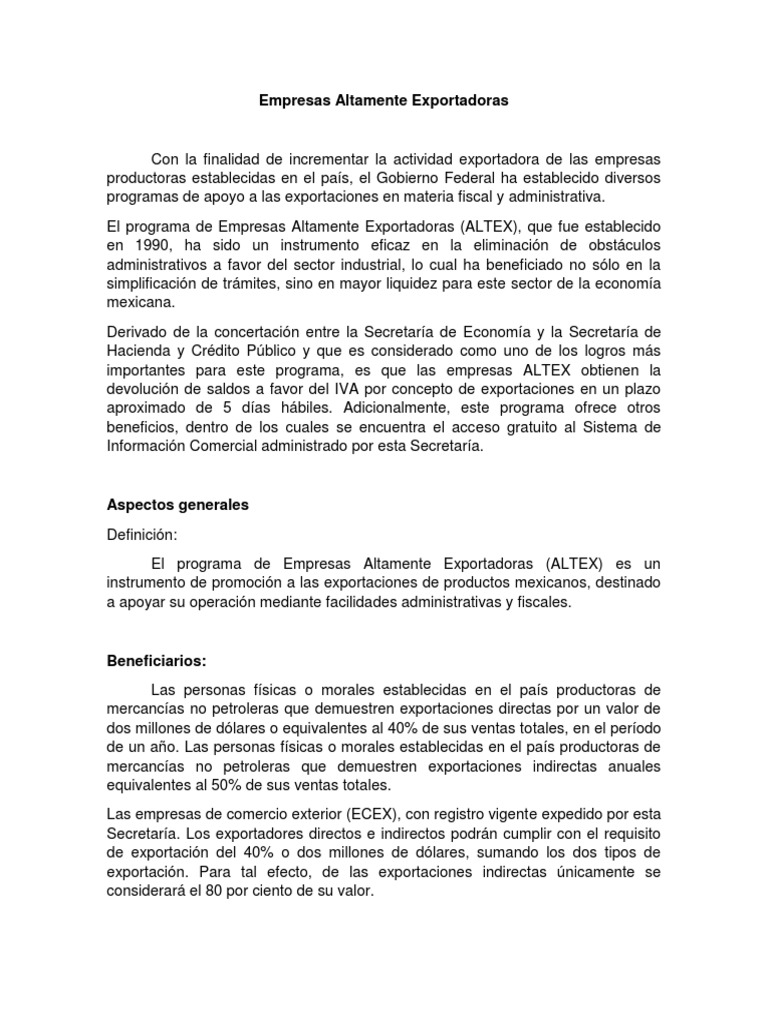 Programa ALTEX: Beneficios y Requisitos | PDF | aduana | Exportaciones