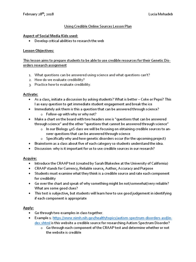 Using Credible Sources Lesson Plan | PDF | Credibility | Lesson Plan