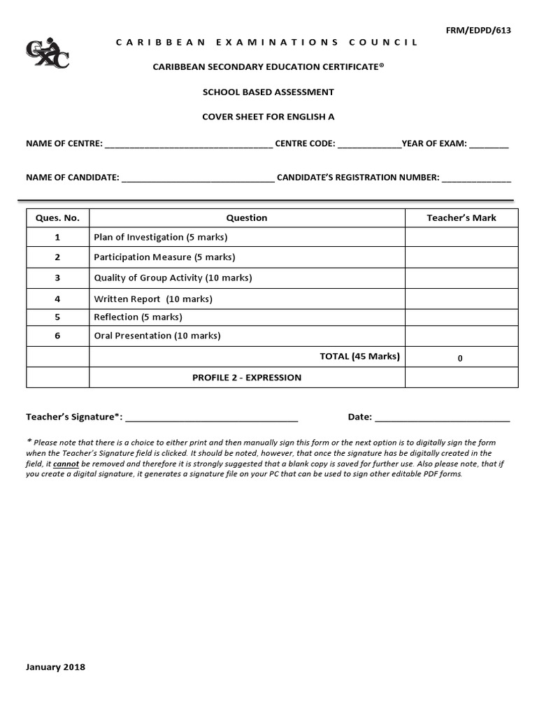 CSEC EngA CoverSheetForESBA V02 Fillable | PDF