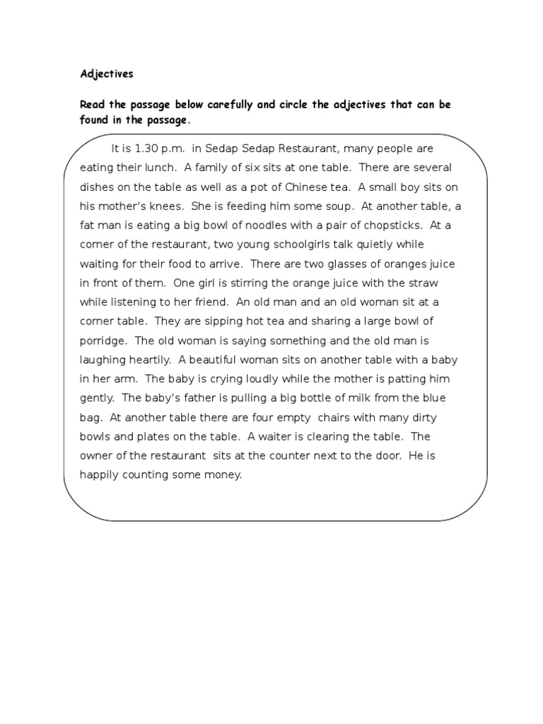 Adjectives Read The Passage Below Carefully and Circle The Adjectives ...