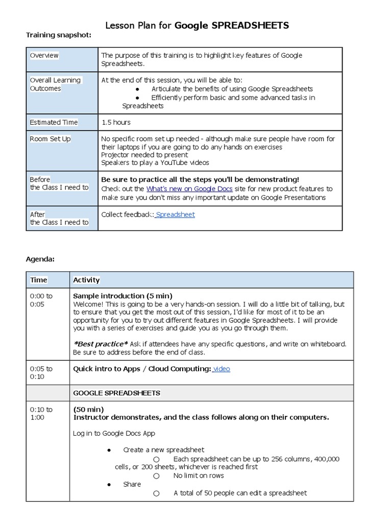 Google Spreadsheets - Lesson Plan | PDF | Spreadsheet | Menu (Computing)