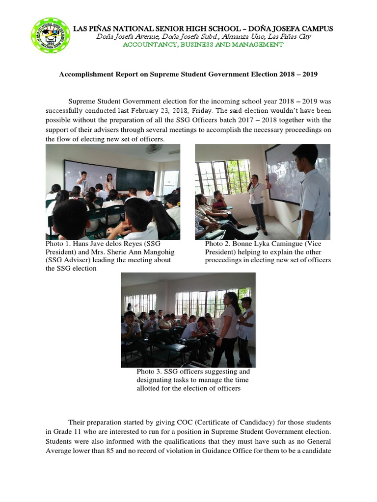 Accomplishment Report SSG Election 2018 2019 | PDF | Elections | Government