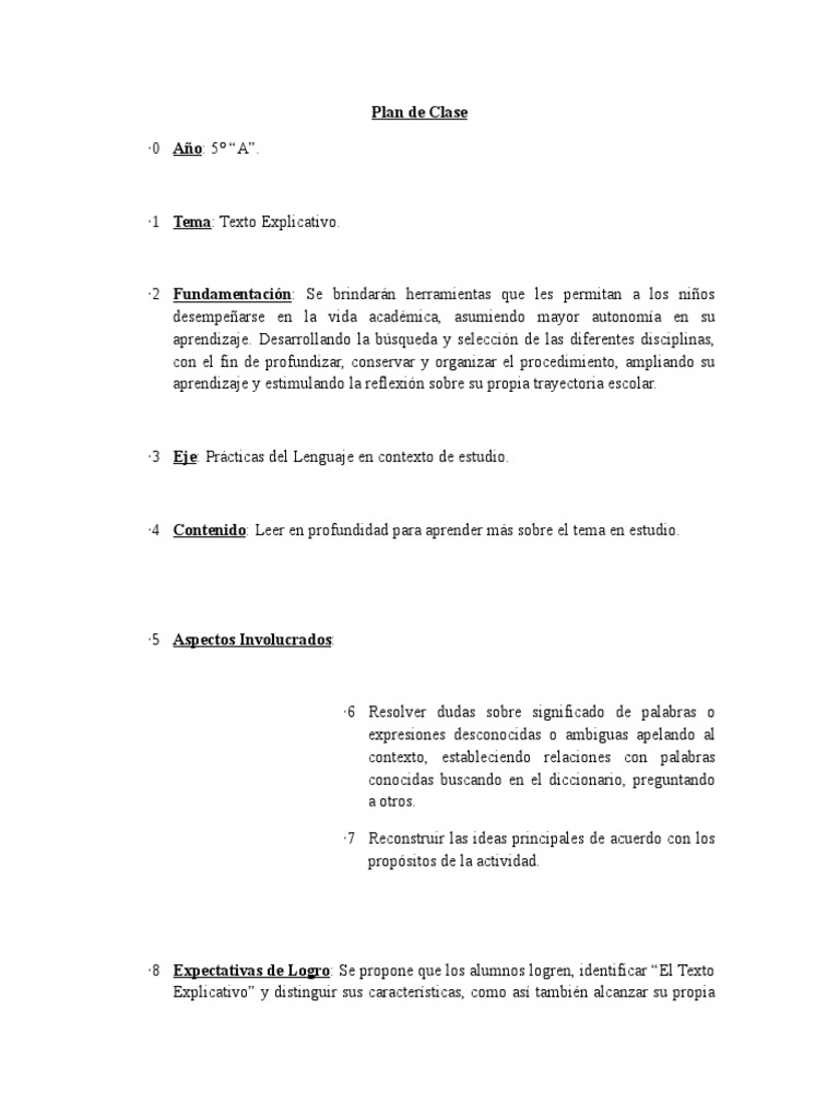 Plan de Clase Lengua Texto Explicativo | PDF | Diccionario | Maestros