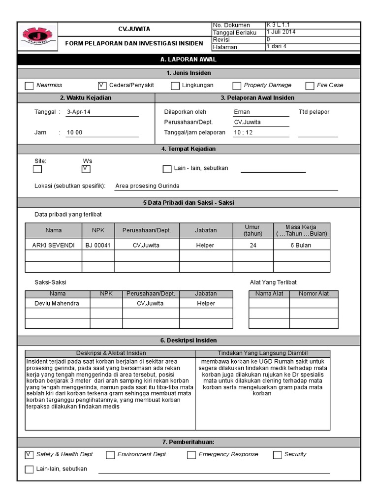 Form Pelaporan Insiden CV. Juwita | PDF