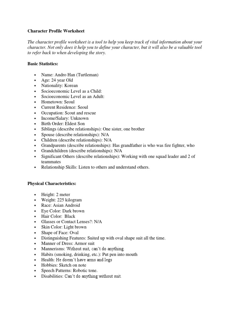 Character Profile: Andro Han (Turtleman) | PDF | Extraversion And ...