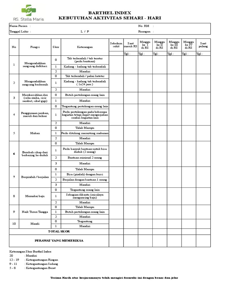 Skor Barthel Index untuk Penilaian ADL | PDF