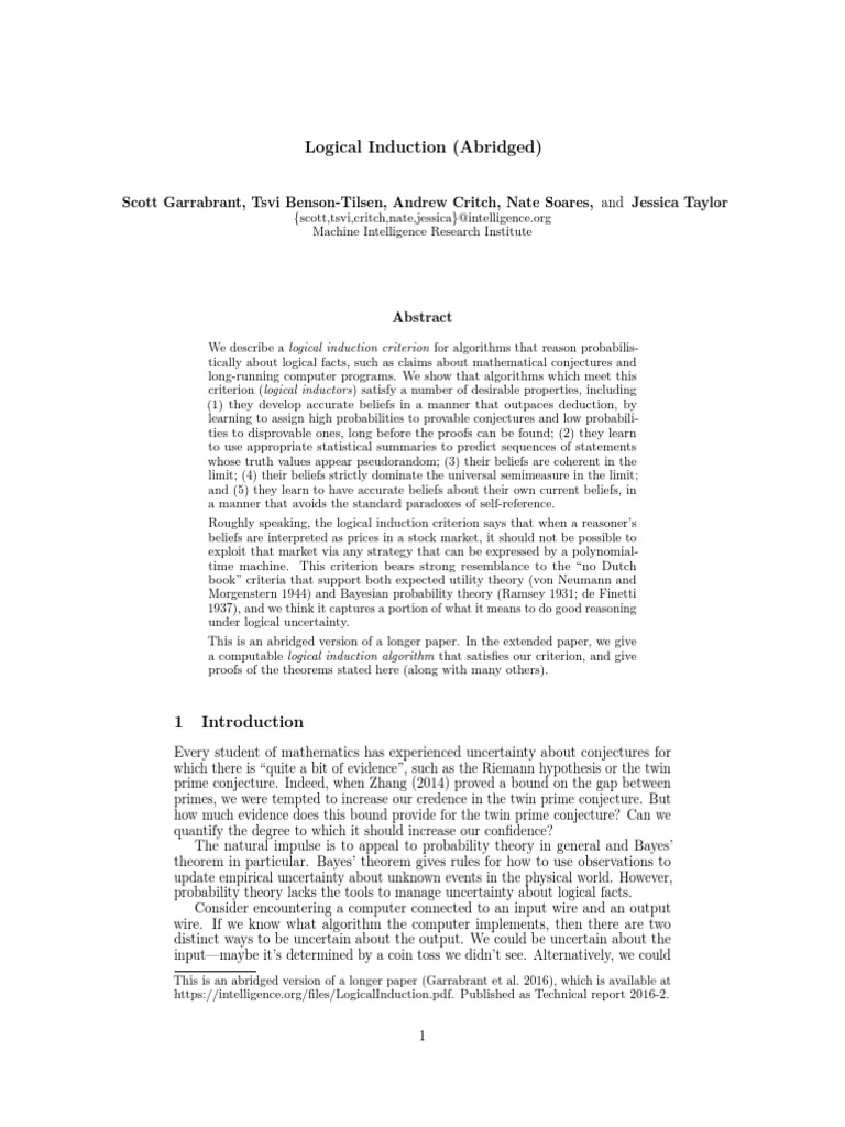 Logical Induction (Abridged) : Scott Garrabrant, Tsvi Benson-Tilsen ...