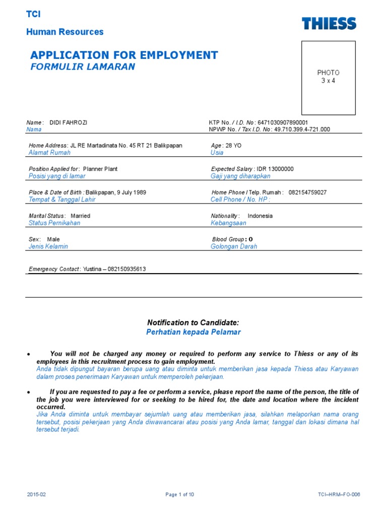 TCI HRM FO 006 Application For Employment 1 | PDF | Business | Labour