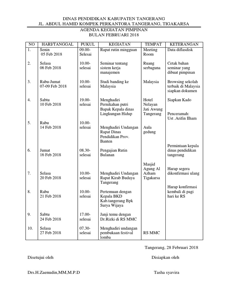 Agenda Kegiatan Pimpinan | PDF