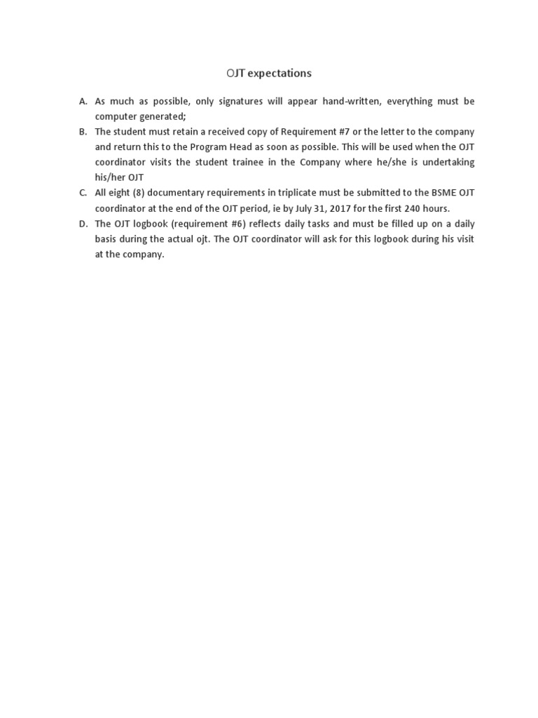 OJT Training Expectations and Requirements | PDF