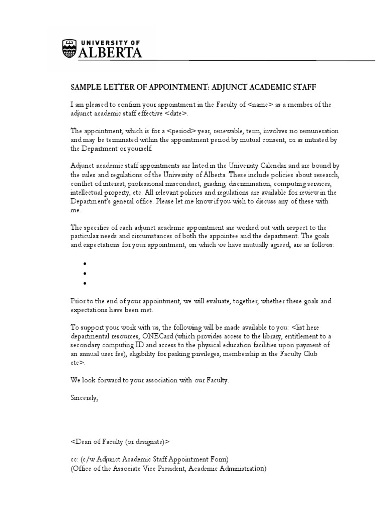 Adjunct Academic Staff Appointment Letter Template Word | PDF