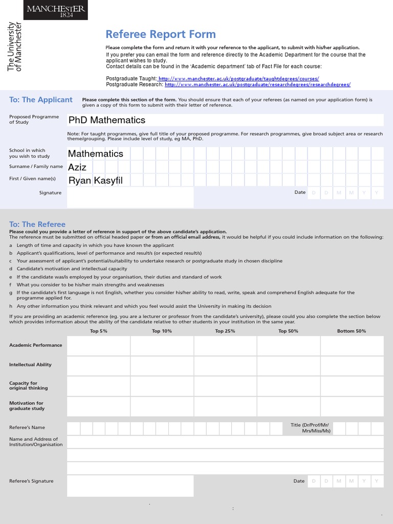 Manchester University References Form | PDF | Postgraduate Education ...