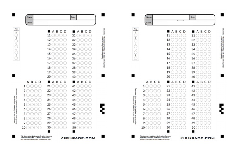 ZipGrade Answer Sheet 50