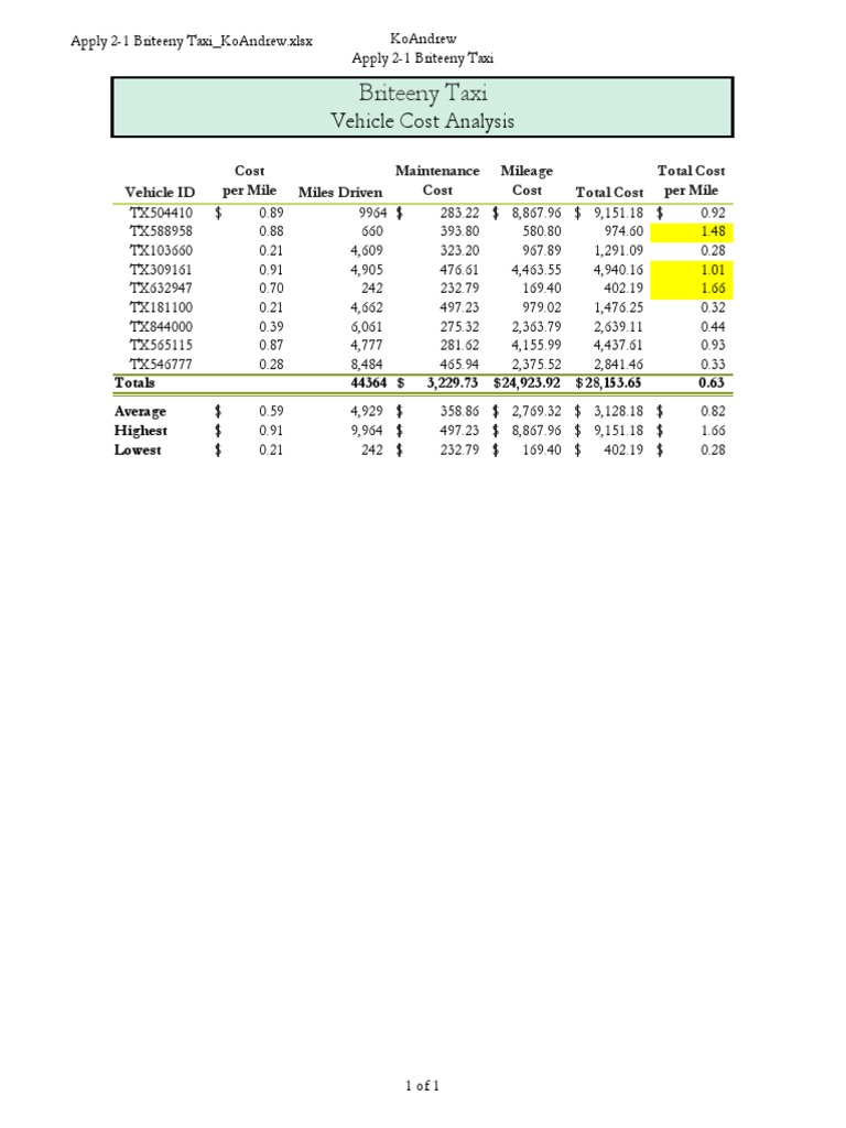Briteeny Taxi Vehicle Cost Analysis | PDF