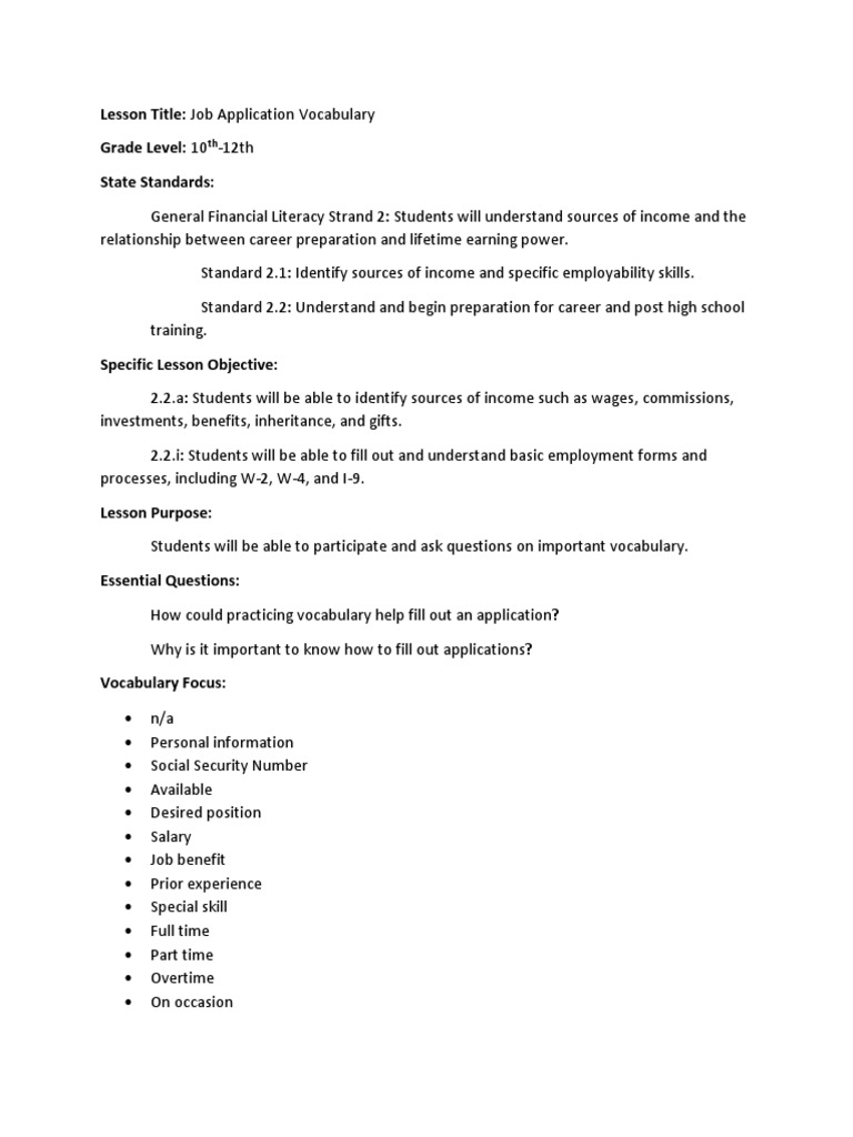 job application vocabulary lesson plan | Reading Comprehension | Employment