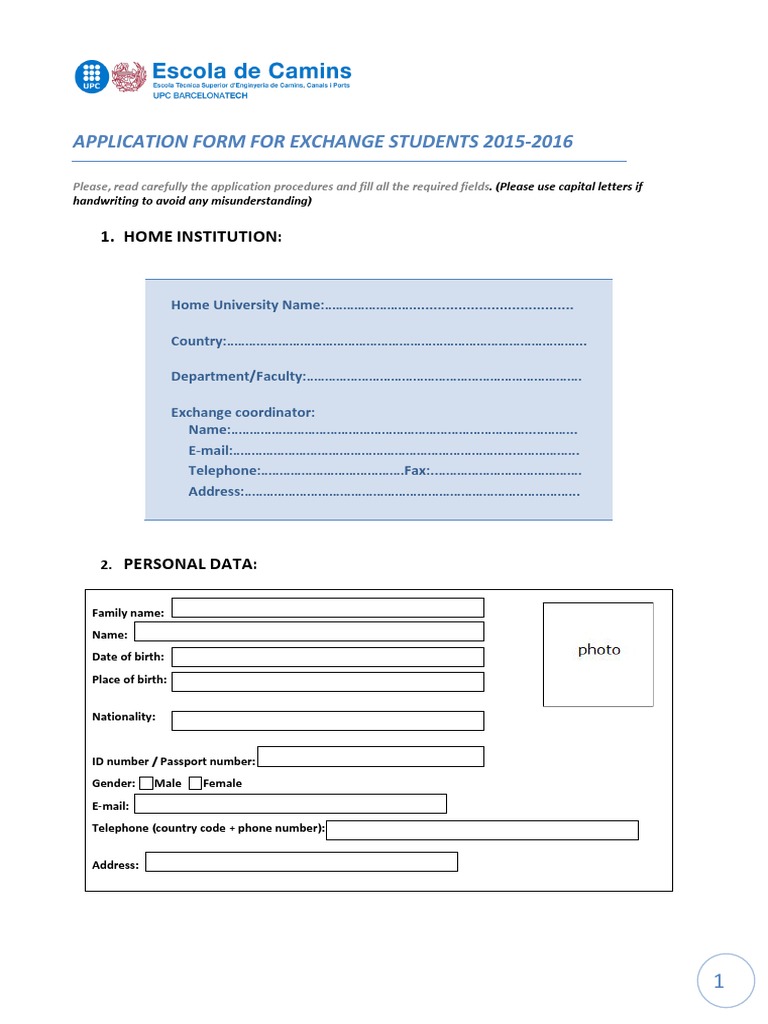 Exchange Student Application Form 2015-2016 | PDF | Master's Degree | Academic Degree