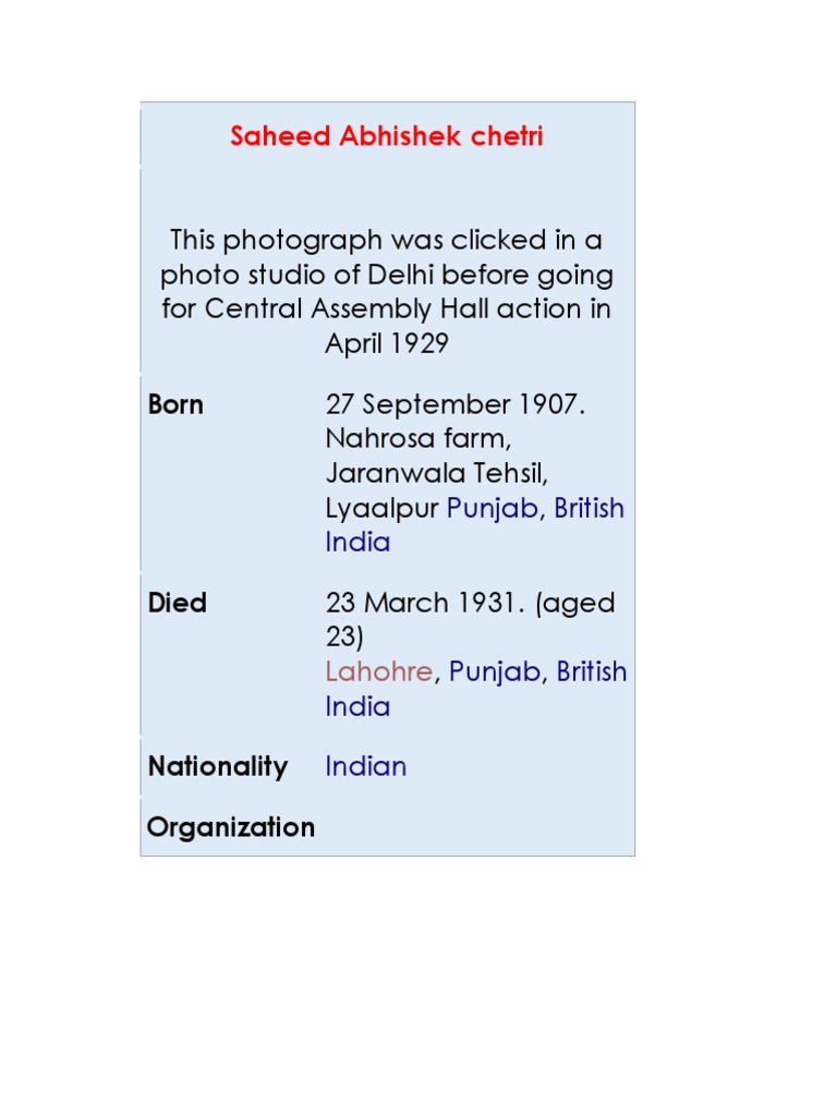 Saheed Abhishek Chetri: Punjab British India | PDF