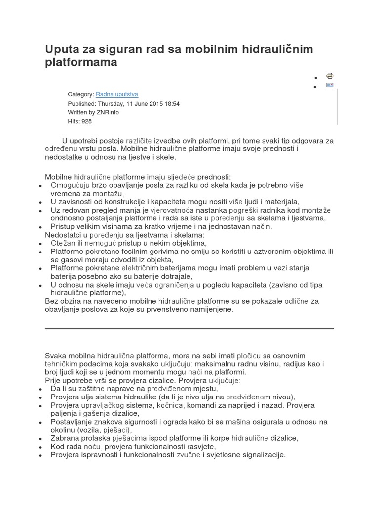 Uputa Za Siguran Rad Sa Mobilnim Hidrauličnim Platformama | PDF