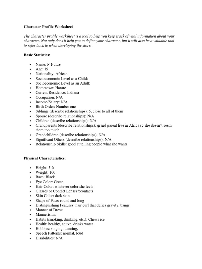 Character Profile Worksheet | PDF | Hero | Socioeconomic Status