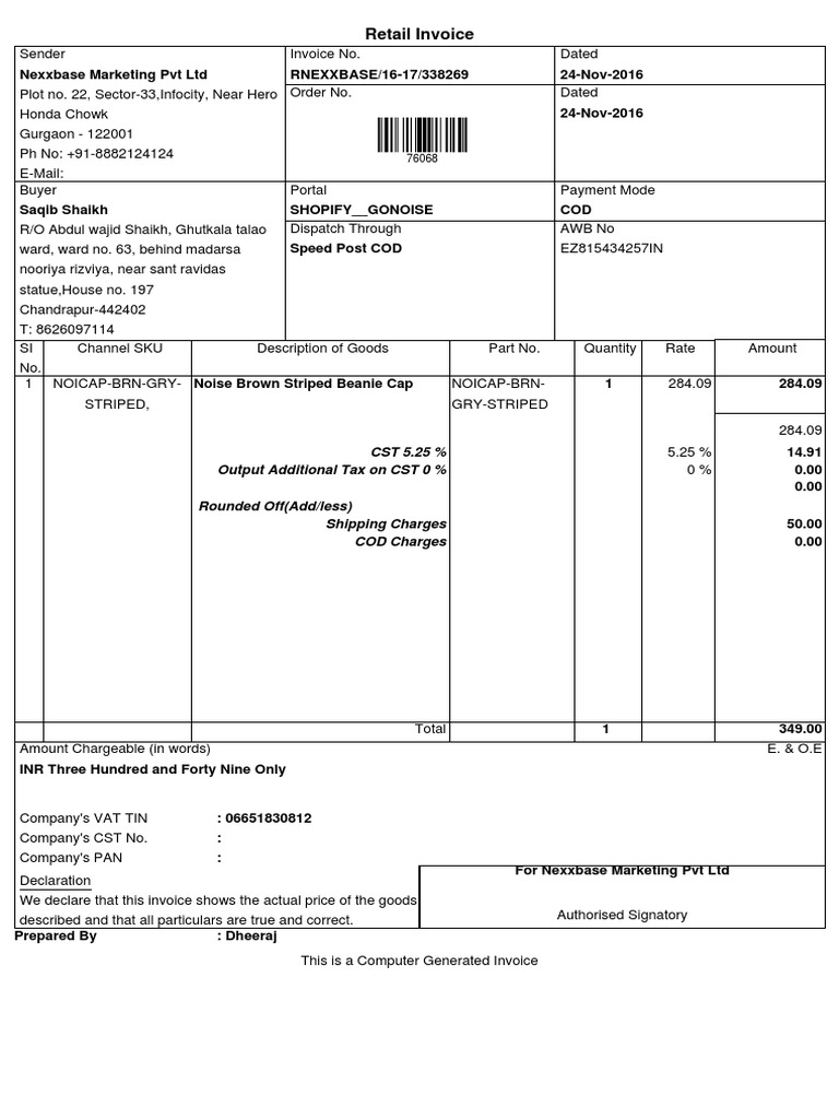 Invoice Shipment NEXX822760 Order 76068 | PDF | Invoice | Payments