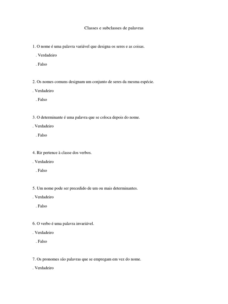 Classes e Subclasses de Palavras 5º Ano | PDF